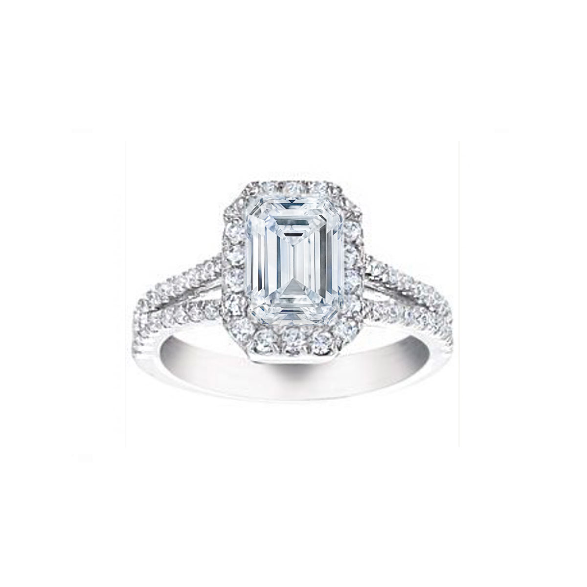 Emerald Cut Split Shank Halo Diamond Engagement Ring Rm1167